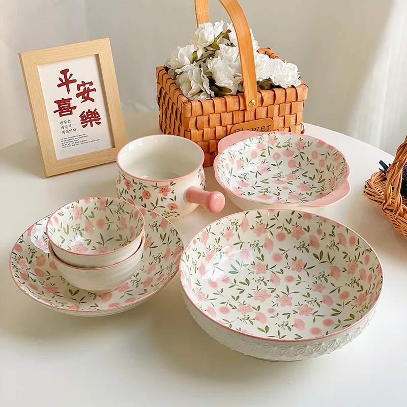 Cute Pink Flower Ceramic Dinner Set Dish Plates Set Dinnerware Set ...