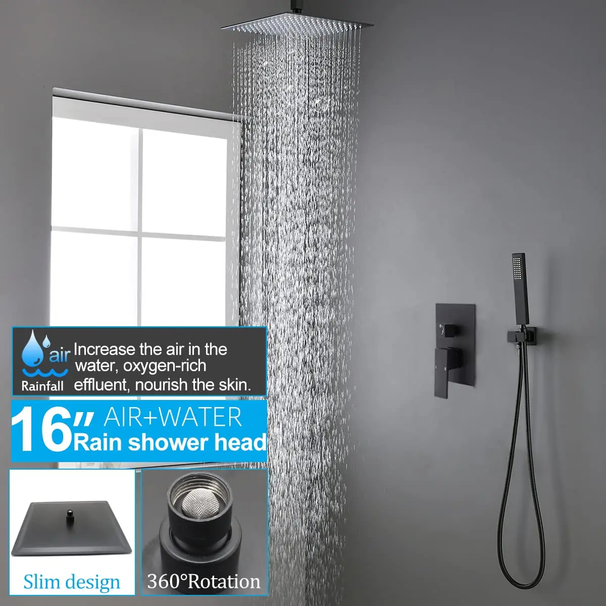 Matte Black Ceiling Mounted 16 Inch Rain Shower System OEM | Wholesale
