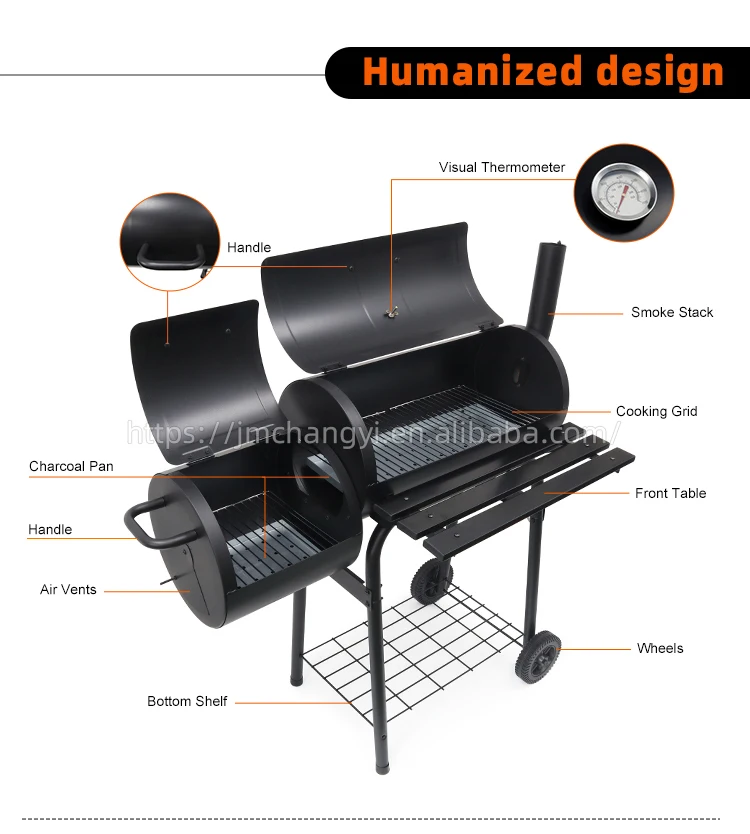 2in1 Modern Steel Offset Smoker Charcoal BBQ Grill Porcelain Enamel ...