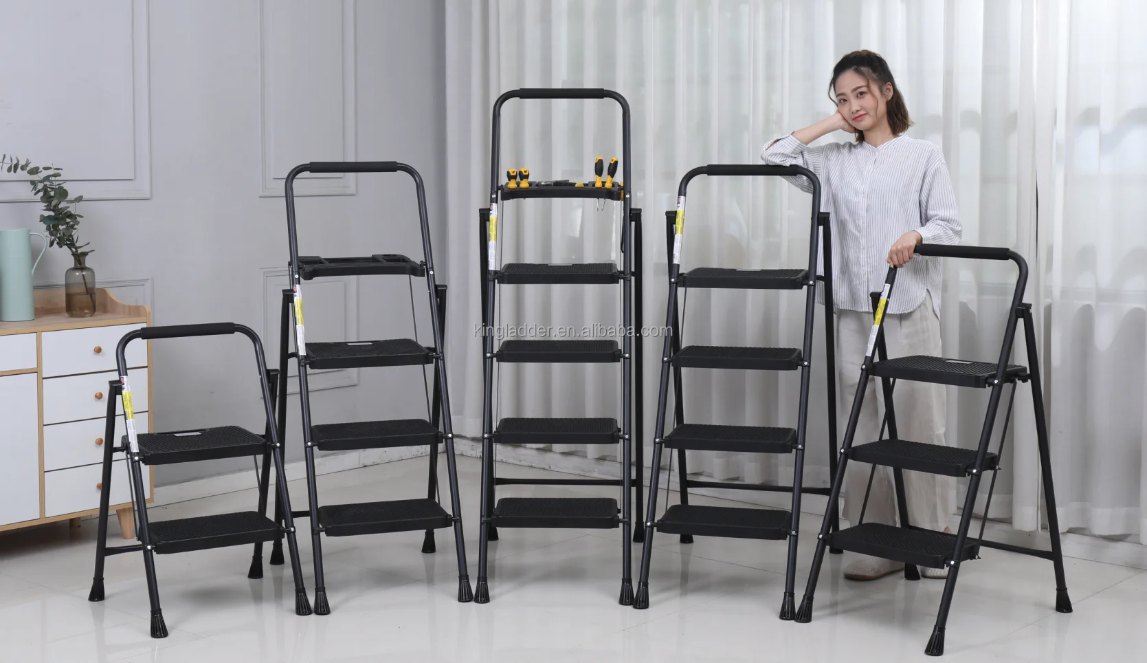 Kingladder Step Ladder Black Steel Folding Step Stool Kitchen Ladder ...