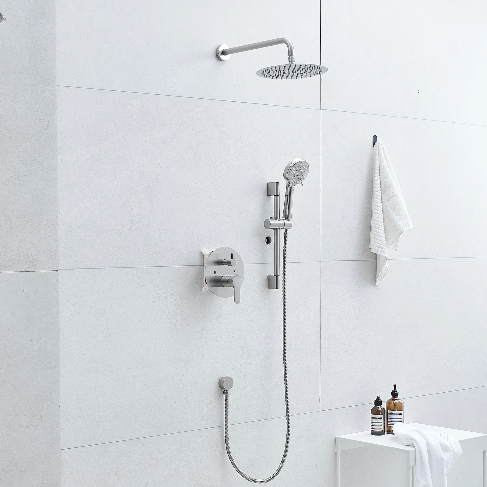 Modern 10-Inch Wall Mounted Shower System Complete with Round Shower ...