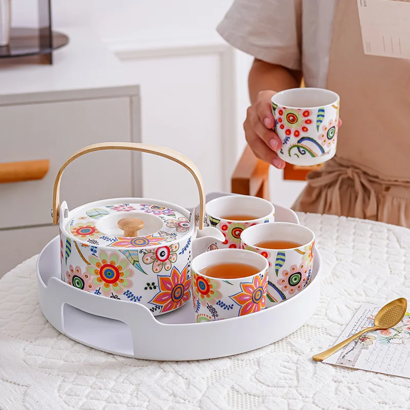 Modern Floral Teapot With Infuser And Tea Cup Set Ceramic Tea Set With ...