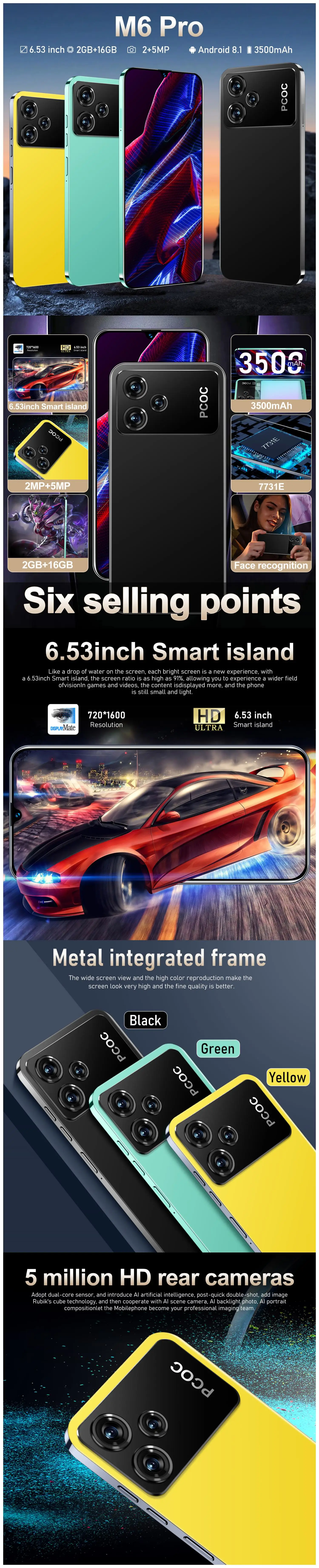 Original M6 Pro 6.53hd 2gb+16gb 3500mah Android8.1 Celular Dual Sim ...