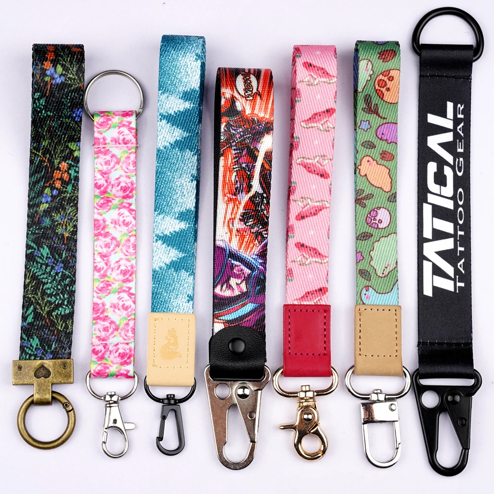 Custom Polyester+Leather Keychain Leather Lanyards Short Wrist Strap ...