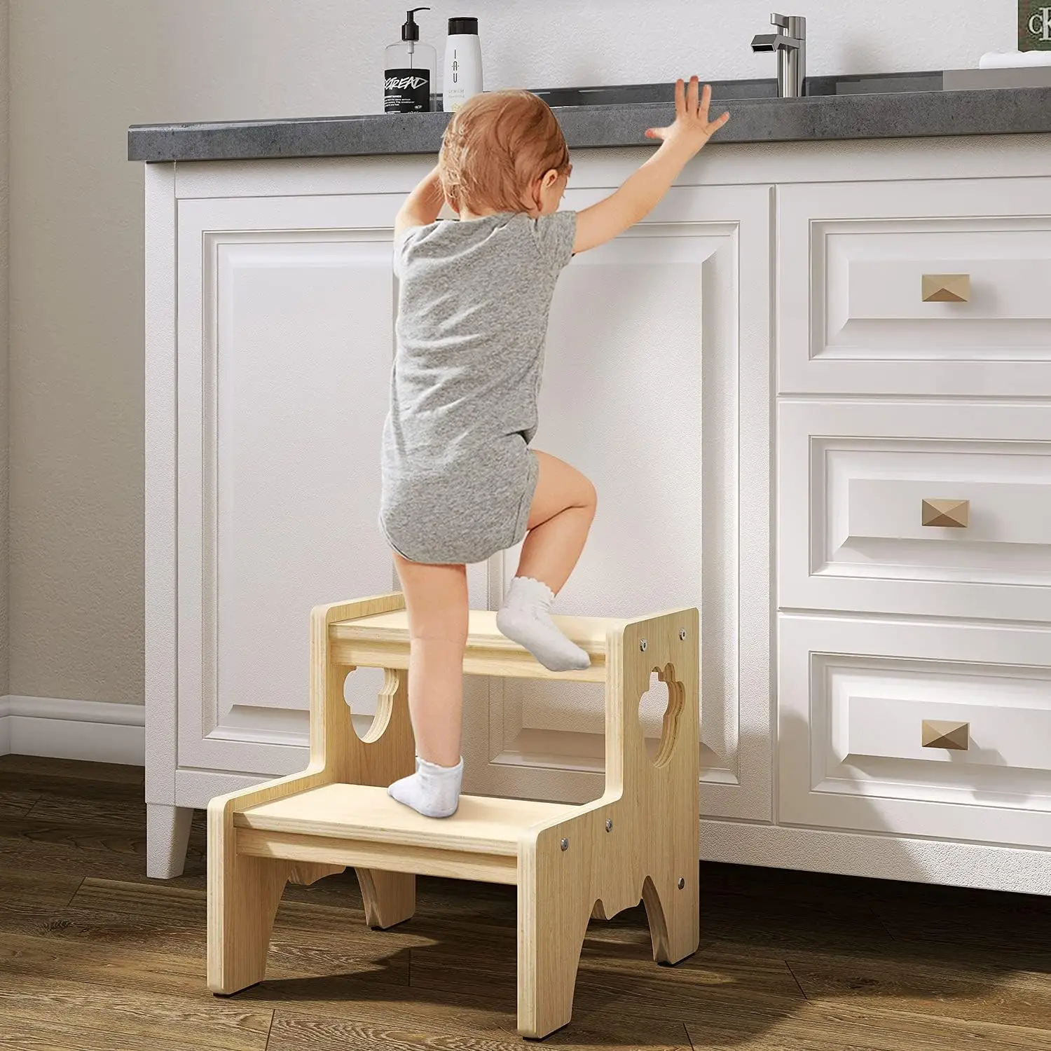 Wooden Safety Step Stool With Handle For Toddler Non-slip Mat For ...