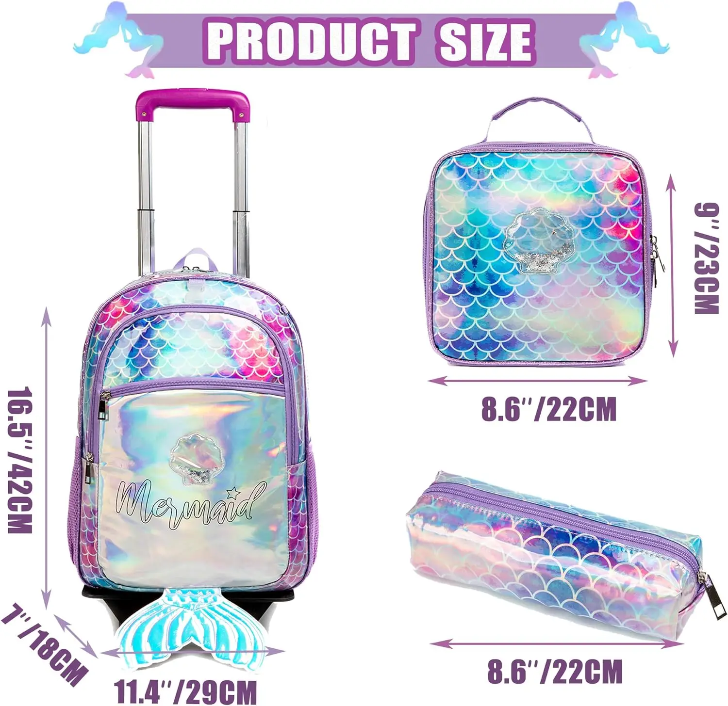 Mermaid Rolling Backpack For Girls Backpack With Wheels Elementary Girl ...