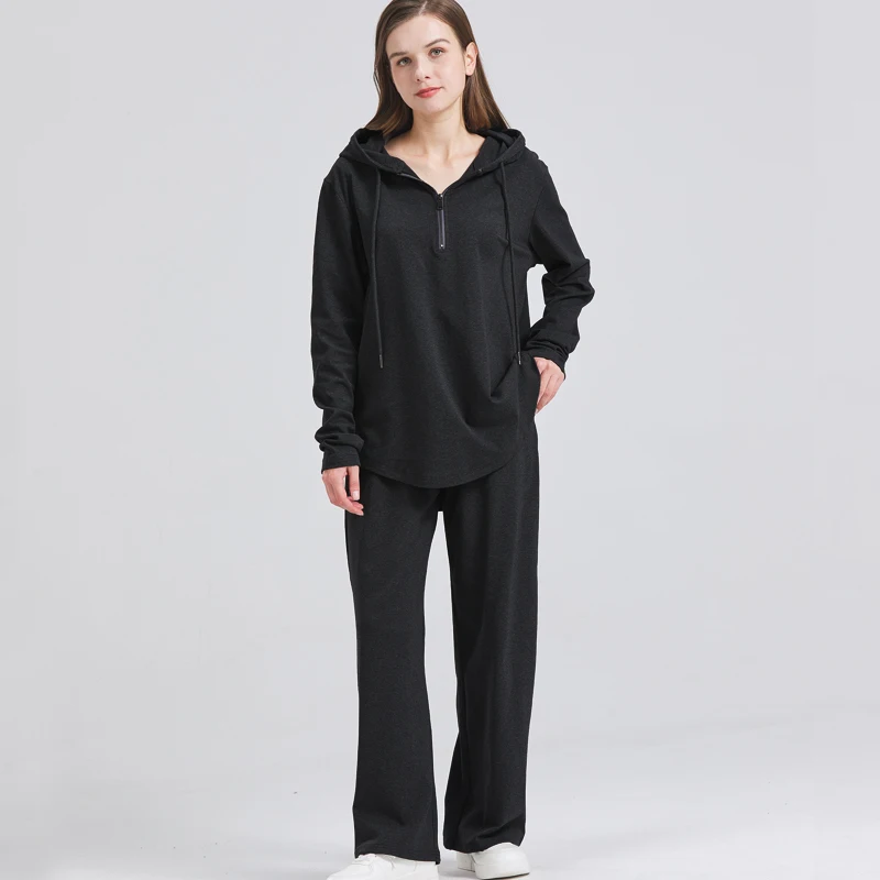 Dark Gray Loose Fit Hoodies Trousers Anti Pilling Sustainable Spandex Cotton Fabric Full Length