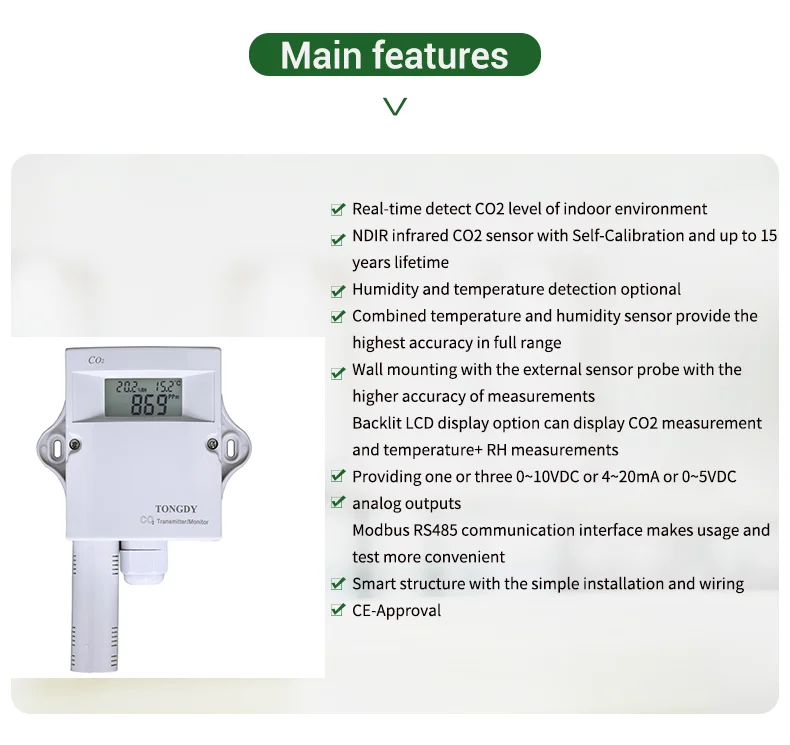 CO2 Transmitter with Modbus RS485 Interface - 0~5000ppm