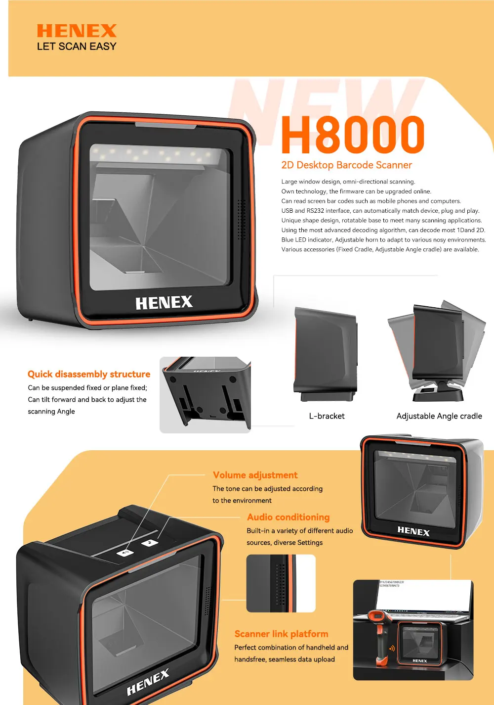Henex 2D QR Hands-Free Omnidirectional Scanner - High-Speed & Accurate