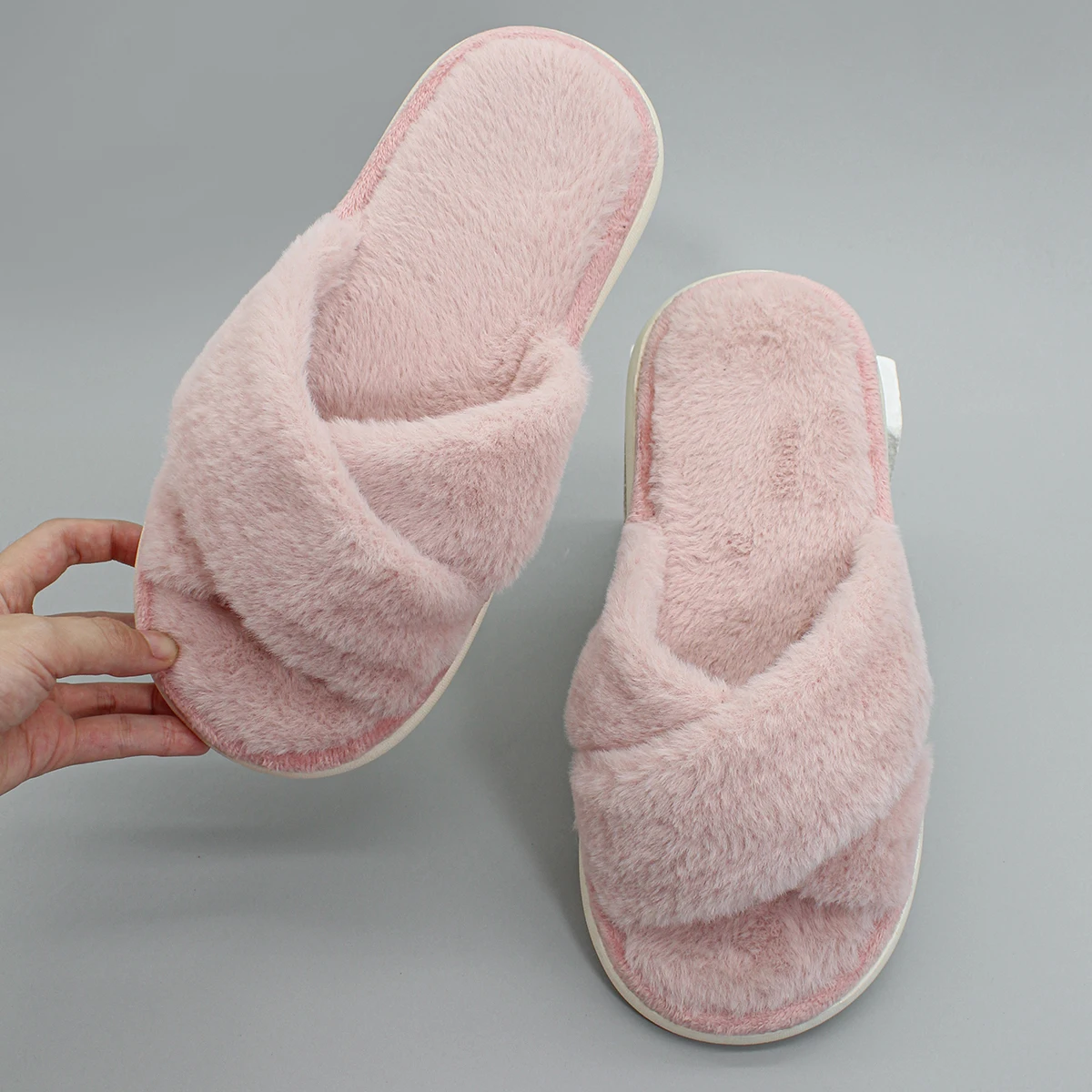 White Bridal Bridesmaid Cozy Slippers Custom Open Toe Fur Fluffy Cross ...