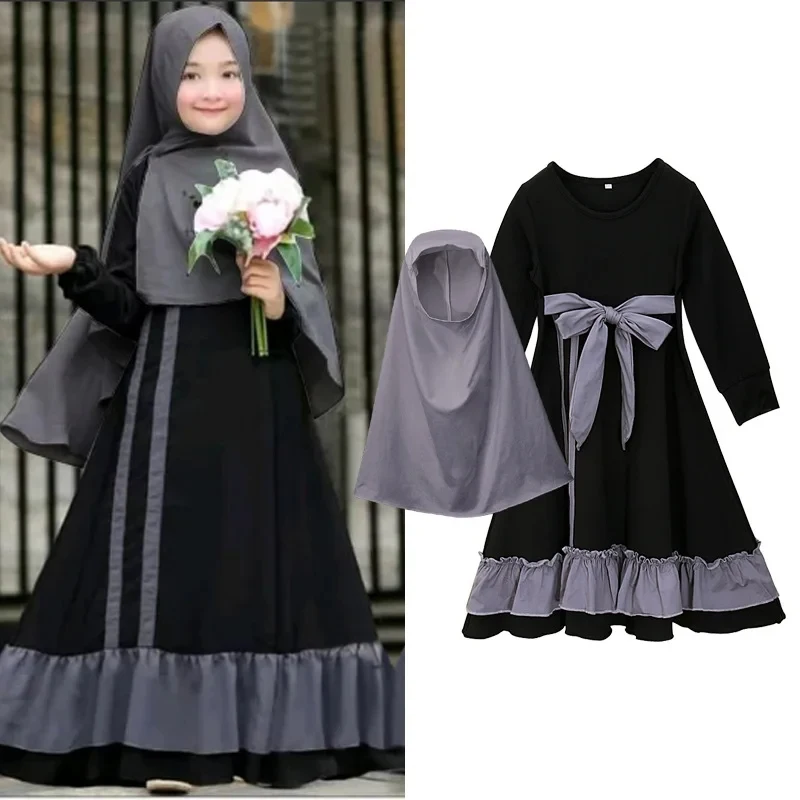 Arab Kids Long Robe Headscarf Islamic Jilbab Kaftan Gown Muslim 2pcs ...