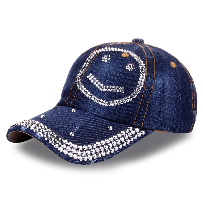 Custom Logo Bling Rhinestone Denim Women Distressed Baseball Cap ...