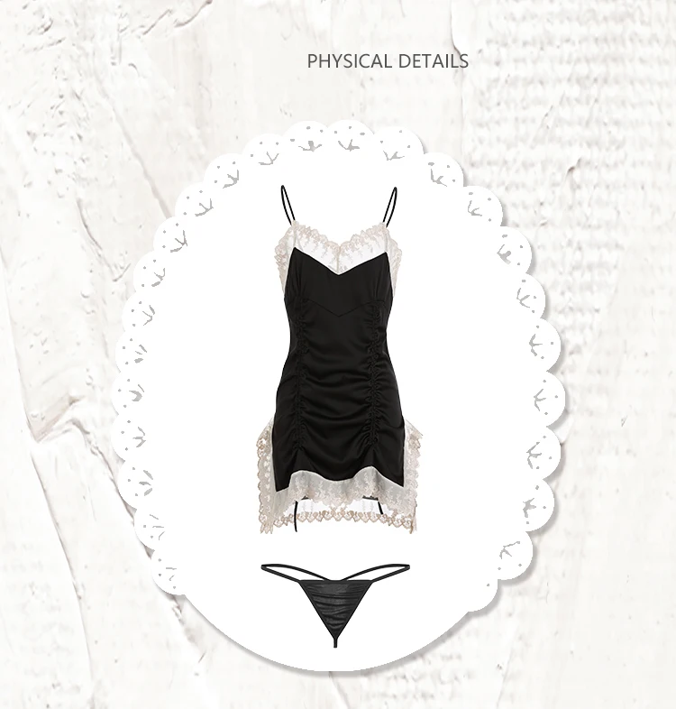 Sleepwear Women Draw Strap Ruched Satin Contrast Lace Sexy Pajamas ...