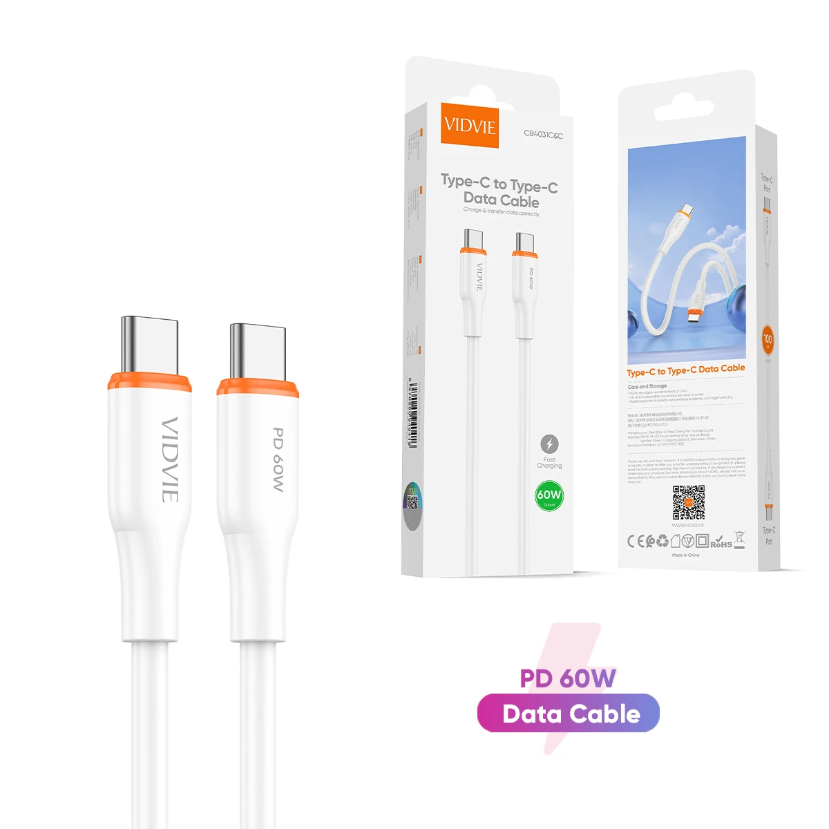 VIDVIE Thick White Black PD 60W Fast Charging USB Data Transfer Cable ...