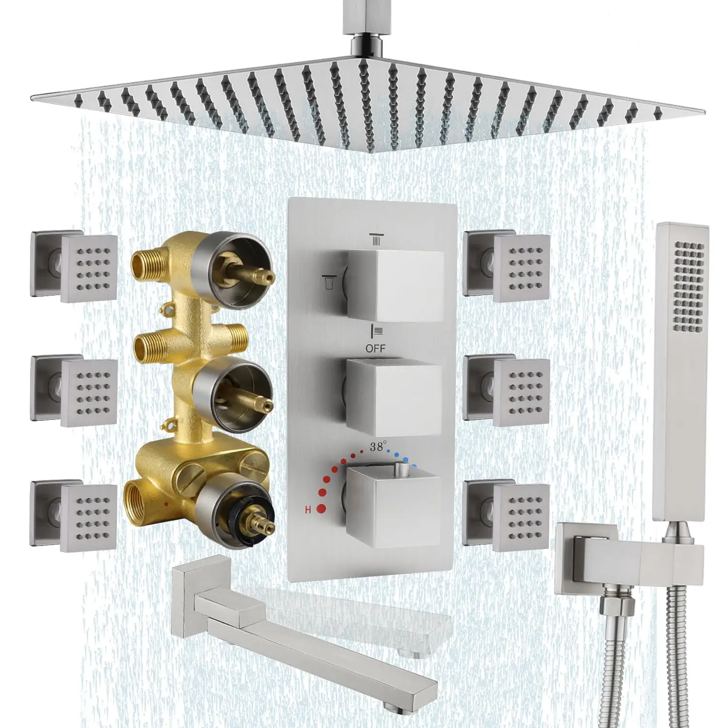 Luxury Thermostatic Wall Mounted Bathroom Shower System Ceiling Shower Head Concealed Shower ...
