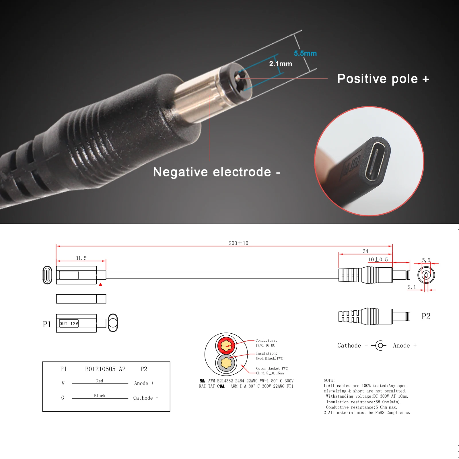 5v Type C Female To 12v Dc Jack 5.5*2.1mm Male Charging Cable Step Up ...