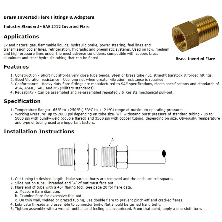 Brass Inverted Flare Fittings & Adapters - Durable & Reusable