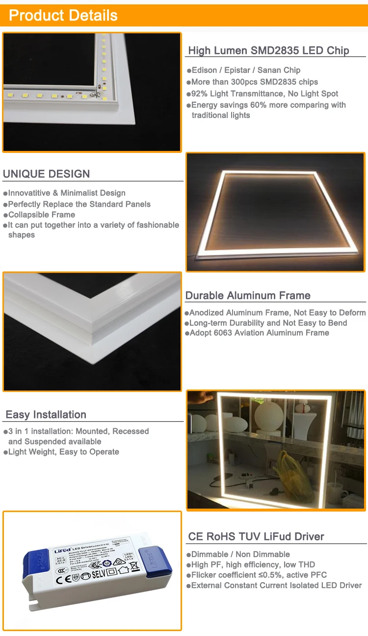 Surface Mounted Led Frame Panel Light Aluminum Square Flat 60x60 Indoor ...