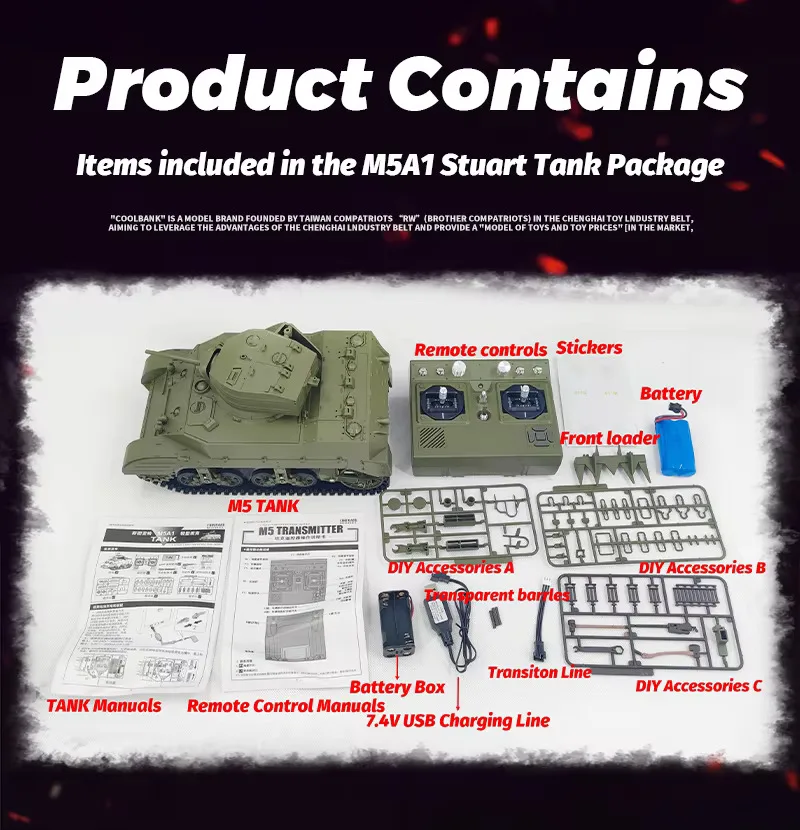 1/16 M5A1 Stuart RC Tank - Realistic Turret Rotation & Smoke