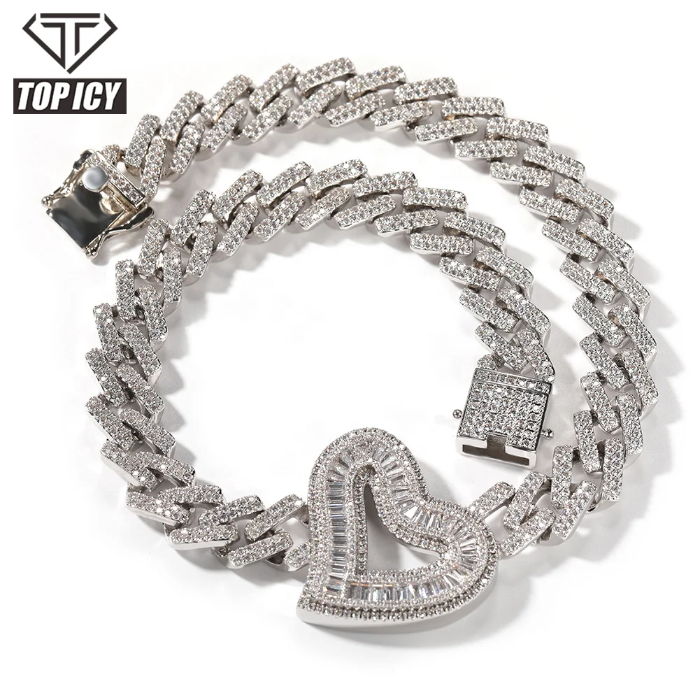 Hip Hop 2 Row 14mm Diamonds Big Baguette Heart Necklace Iced Out Love ...