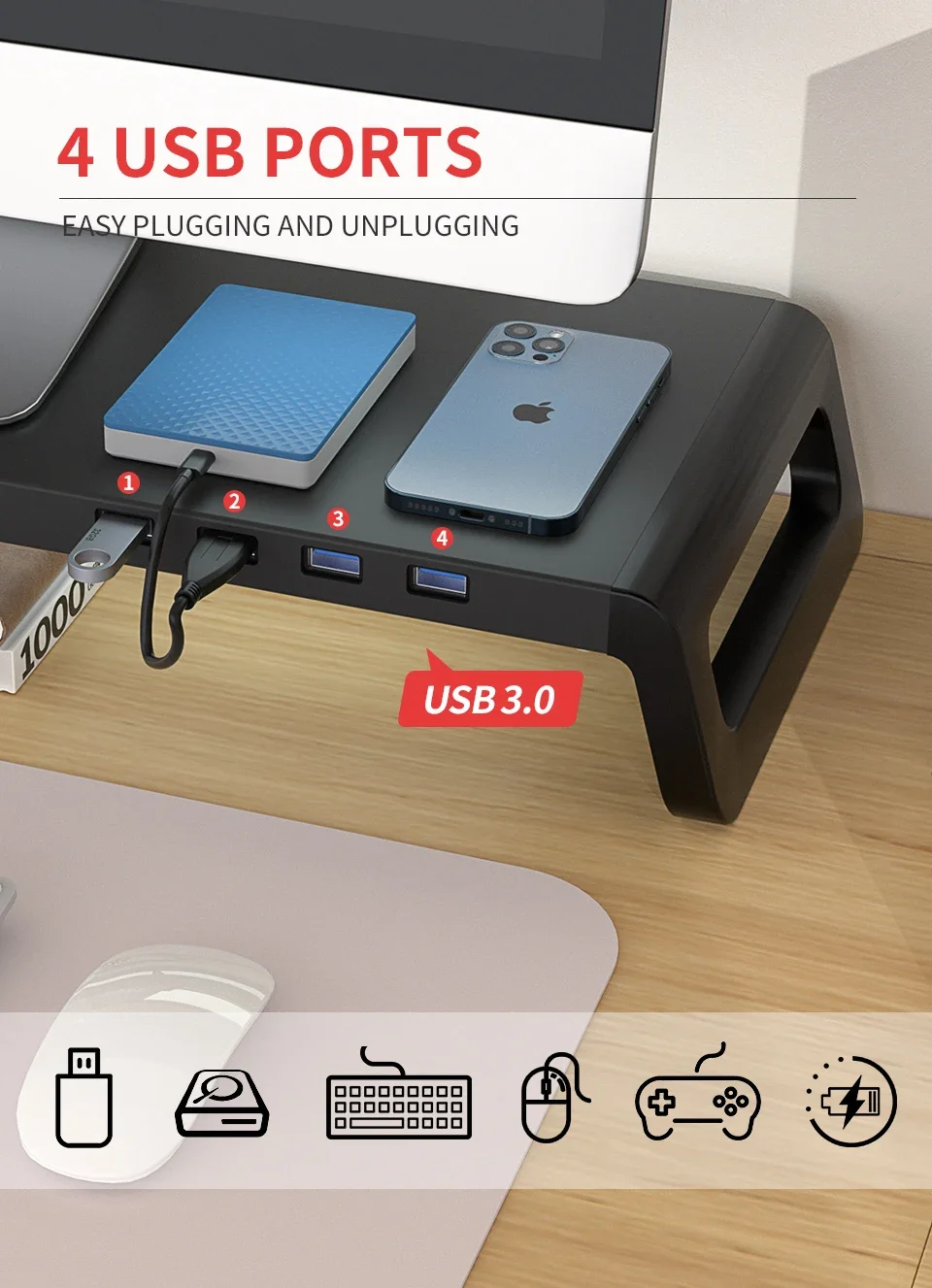 Aluminium Monitor Stand Riser With Usb 3.0 Keyboard Storage Desktop Pc ...