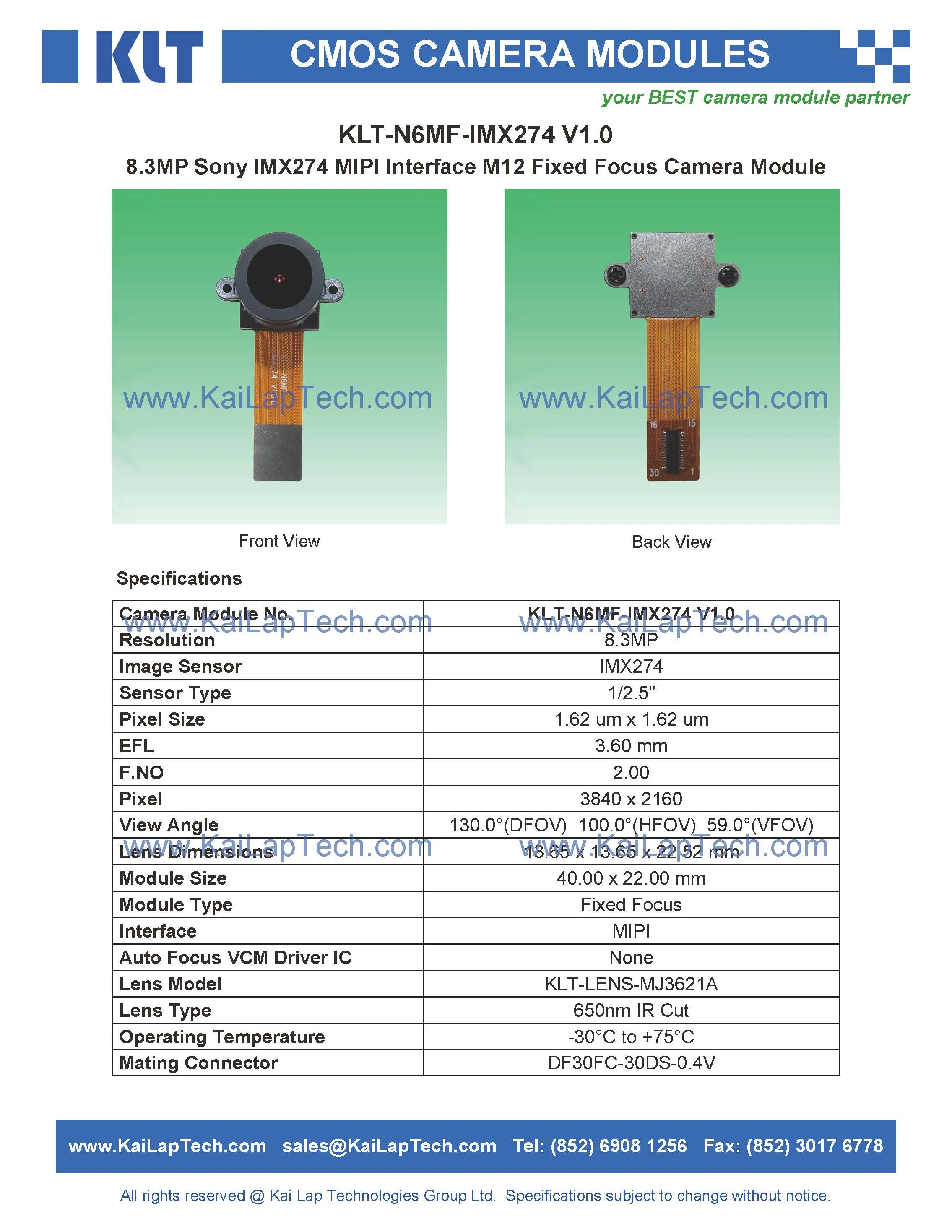 8.3mp Imx274 Mipi接口m12定焦相机模块klt-n6mf-imx274 V1.0 - Buy 8.3mp Imx274 ...