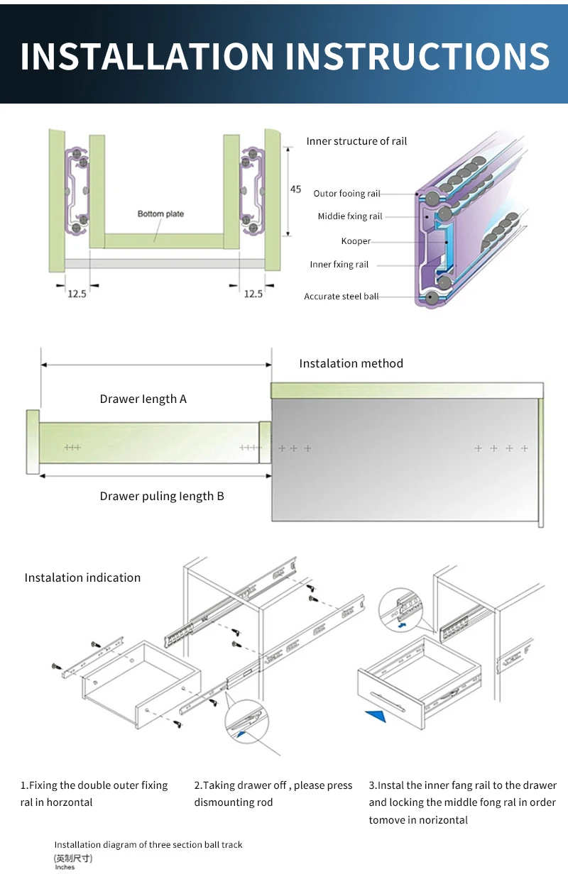 Full Extension High Quality Drawer Slide Rail Furniture 42mm Ball ...