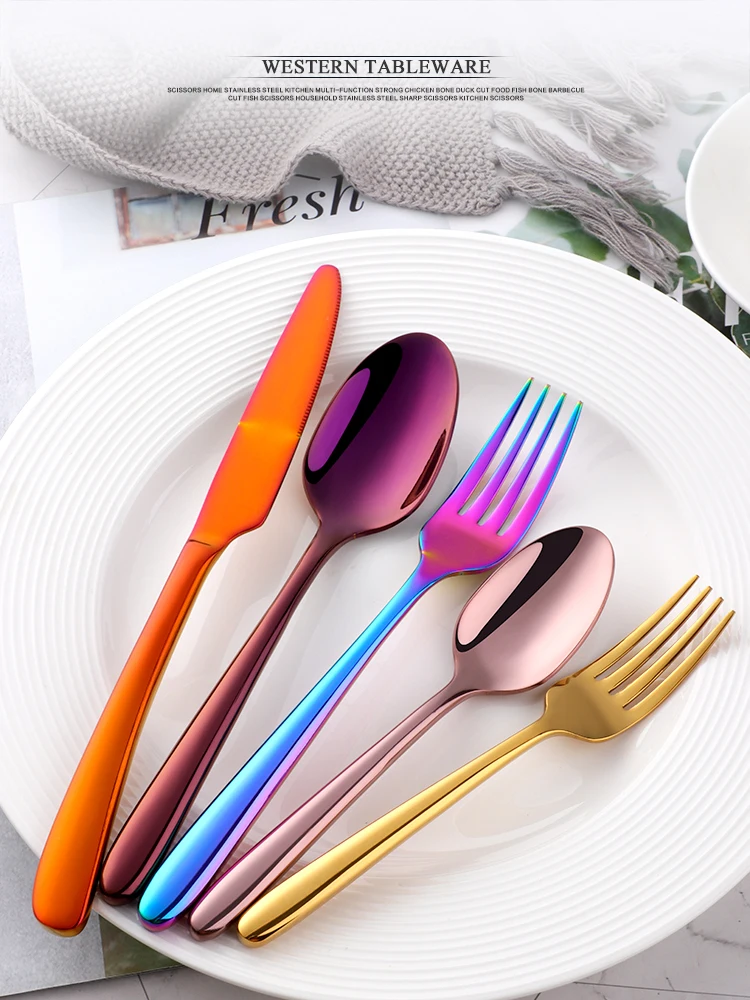 5pcs Set Grade Stainless Steel Dinner Steak Knife Soup Spoon Purple ...