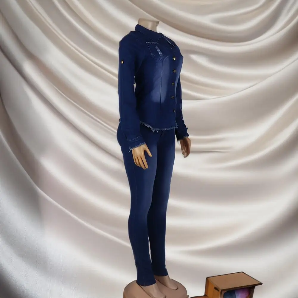 L-3xl Fashion High Elastic Tight Blue Jeans And Jacket Set With Washed ...