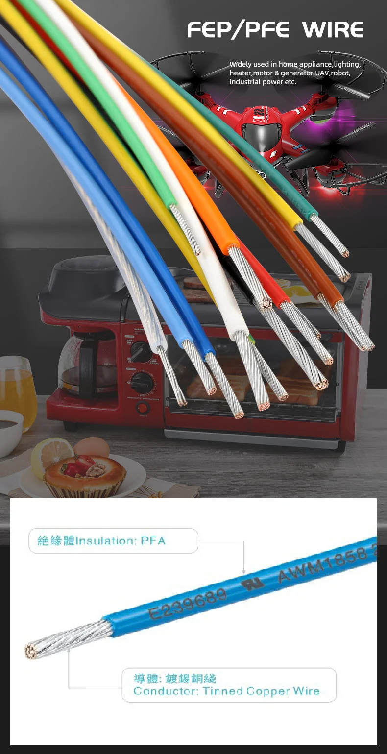 PFA Insulation Electric Wire UL1858 AWG10-32 300V 150C High Temperature ...