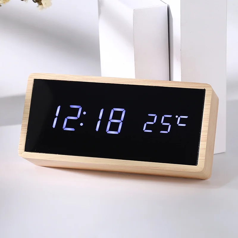 Led Digital Table Desk Clock Bamboo Wood Voice Control Clock Reloj ...