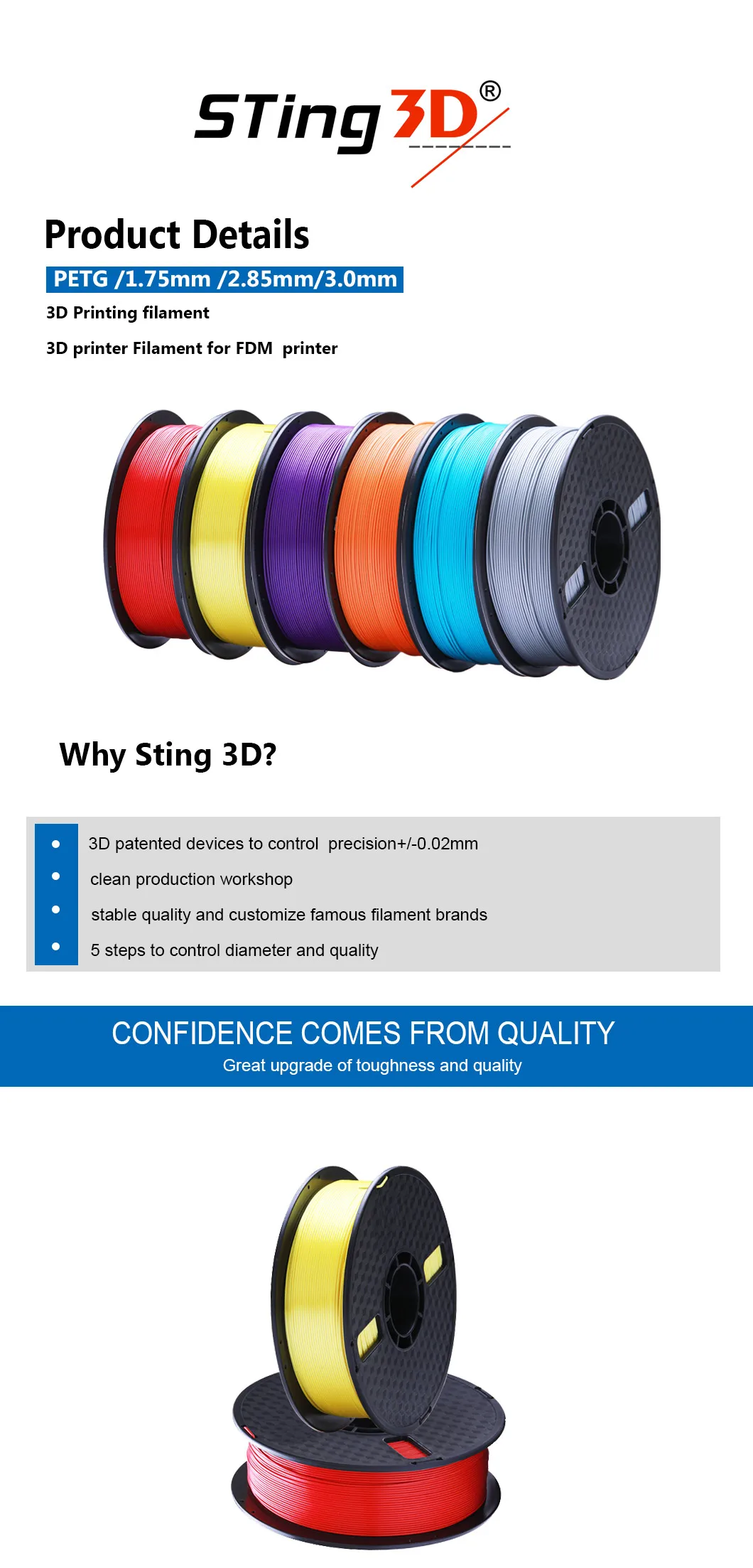 Sting 3D 1.75mm PETG Filament - High Toughness & Versatility