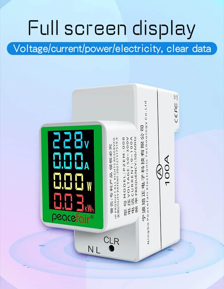 PZEM-008 Din Rail Single Phase AC Monitor 4IN1 Color Display Electric ...