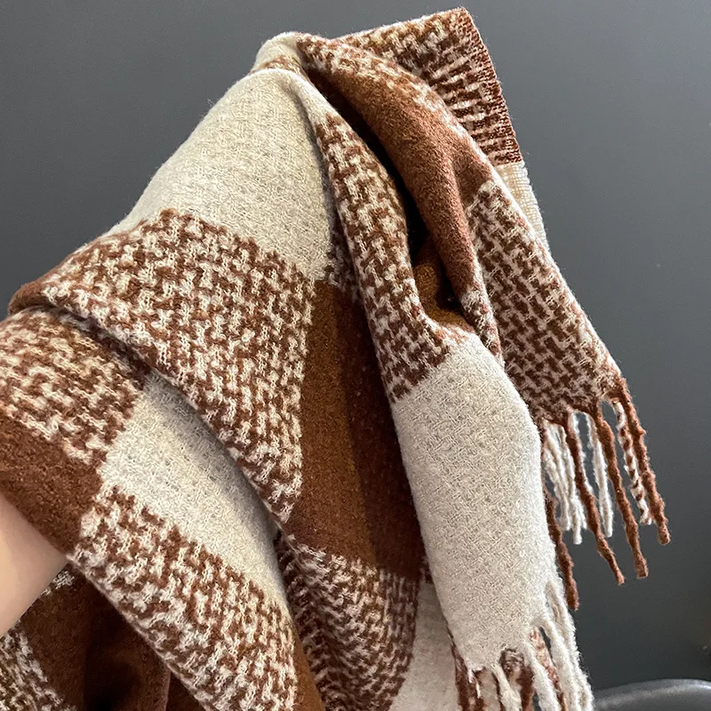 Korean Style Black Beige Checkered Winter Scarf for Women