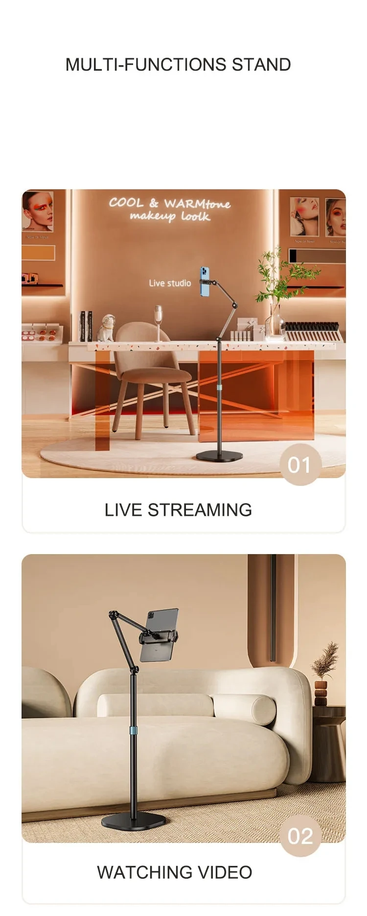 135cm Tall Tablet Stand Adjustable Metal Floor Standing Tablet Holder ...