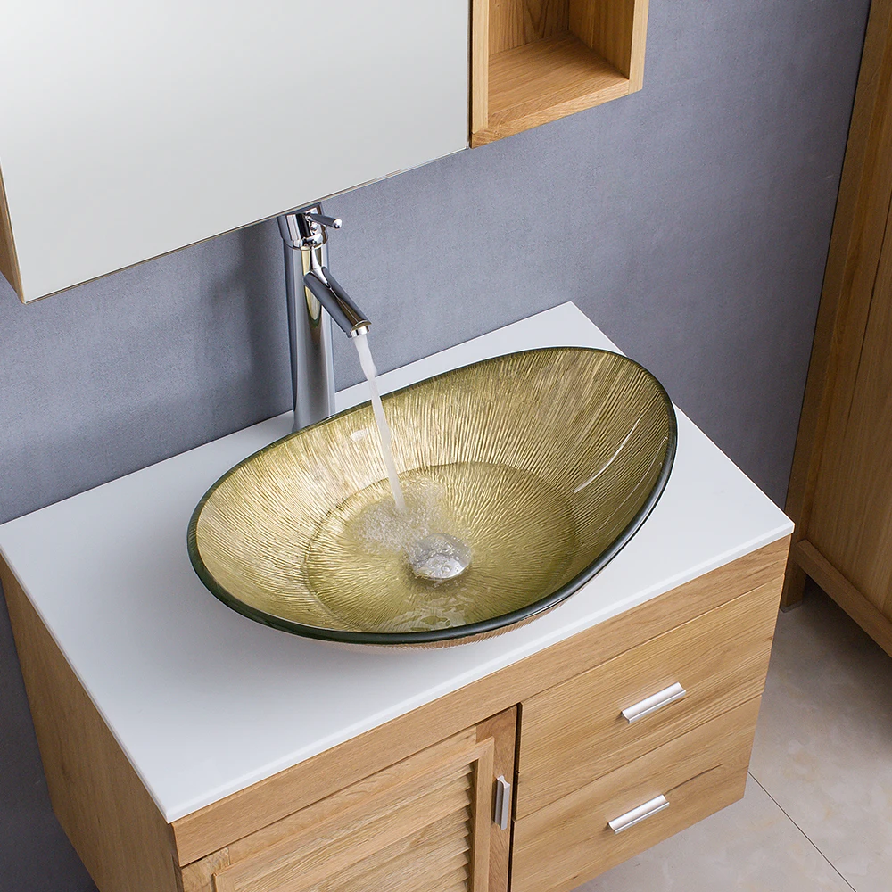Golden Tempered Glass Wash Basin Small Oval Crystal Vessel Sink Counter ...