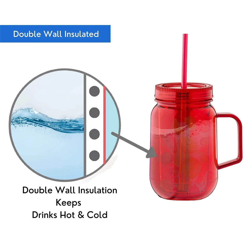 Reusable Mason Jar With Handle Plastic Wide Mouth Double Wall Cups With ...