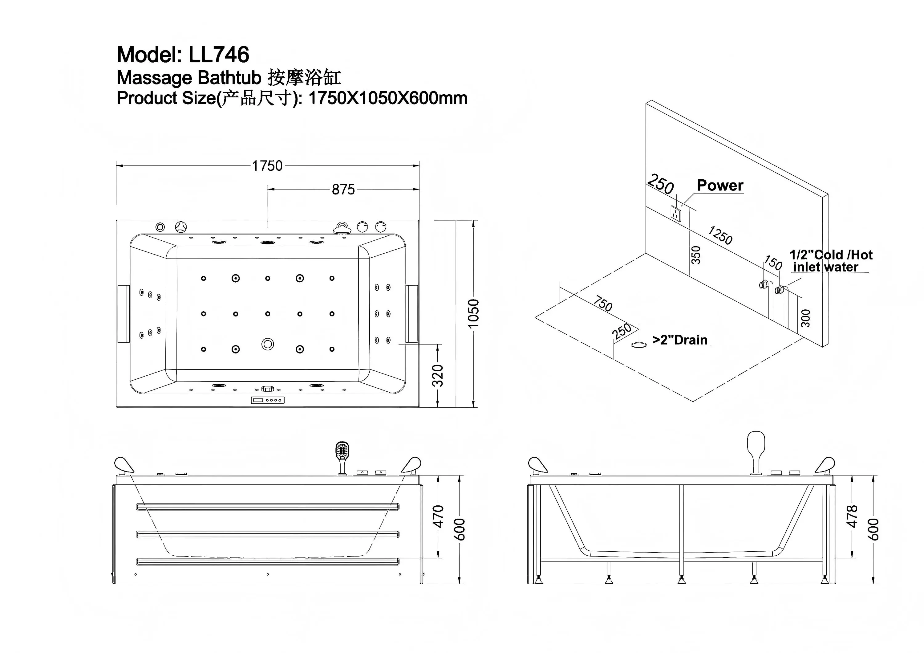Dewo LL746 Acrylic Rectangle Freestanding Bathtub with Drainer Modern ...