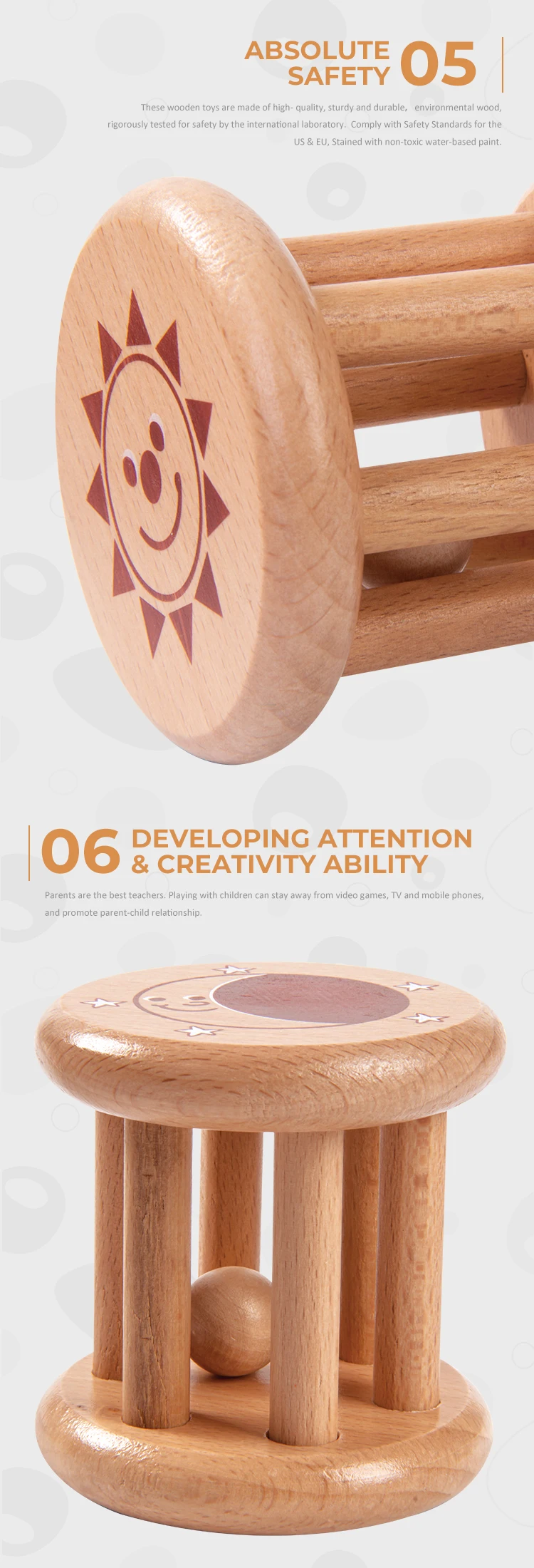 Wooden Baby Bell Rattle Toys Hearing Growing Roller Spinning Baby ...