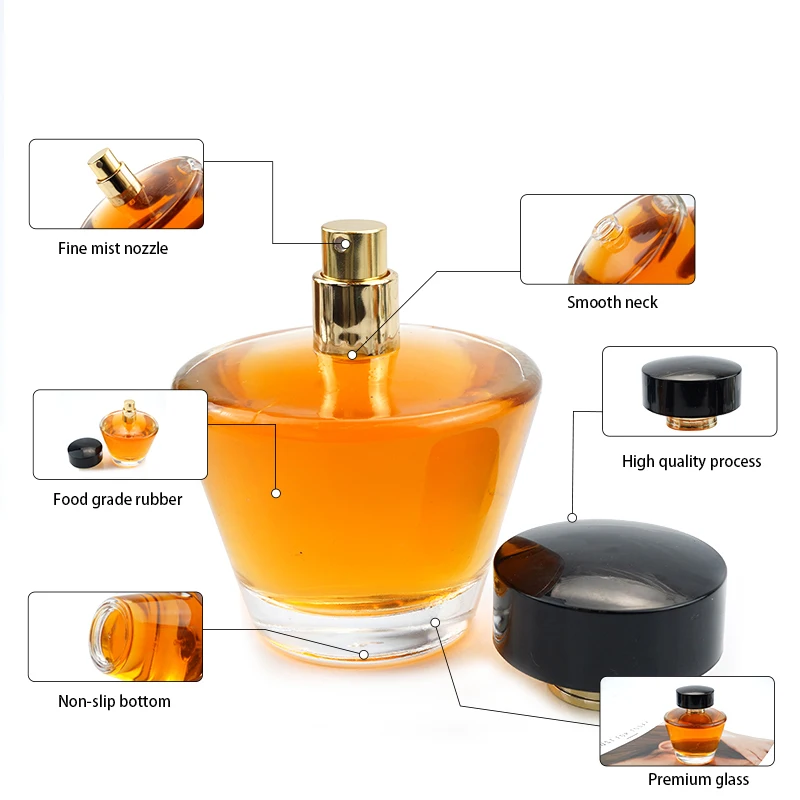 Round Conical Shape 100ml Transparent Perfume Glass Bottle with Crimp ...