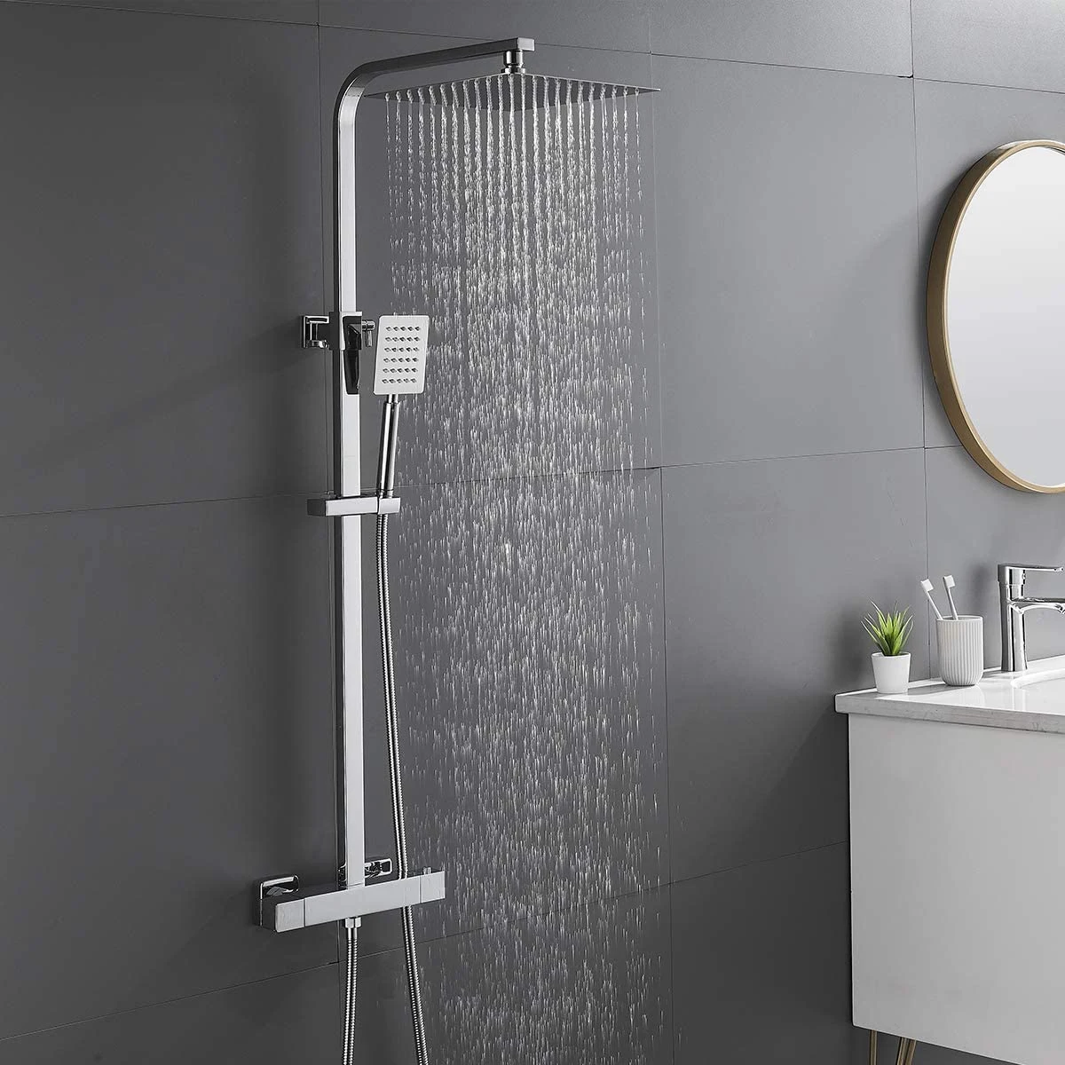 Modern Black Exposed Shower System with 8 Inch Square Shower Head and ...