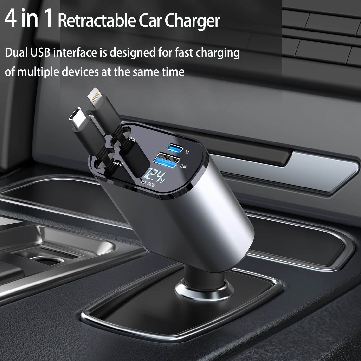 Mandzer 4 in 1 Fast Retractable Car Charger - 120W Power