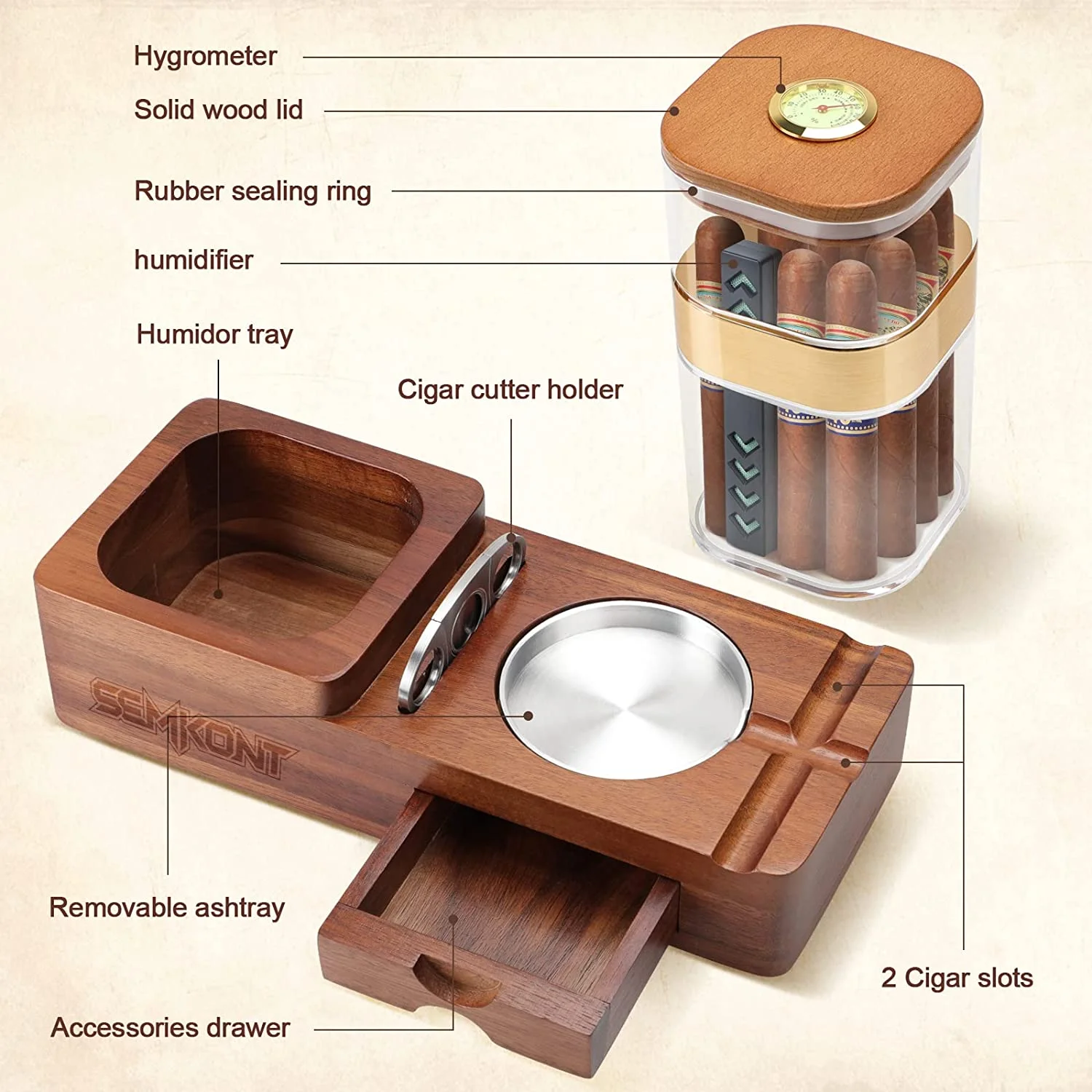 Nuelead Cigar Display Humidor And Detachable Wooden Cigar Ashtray Set ...