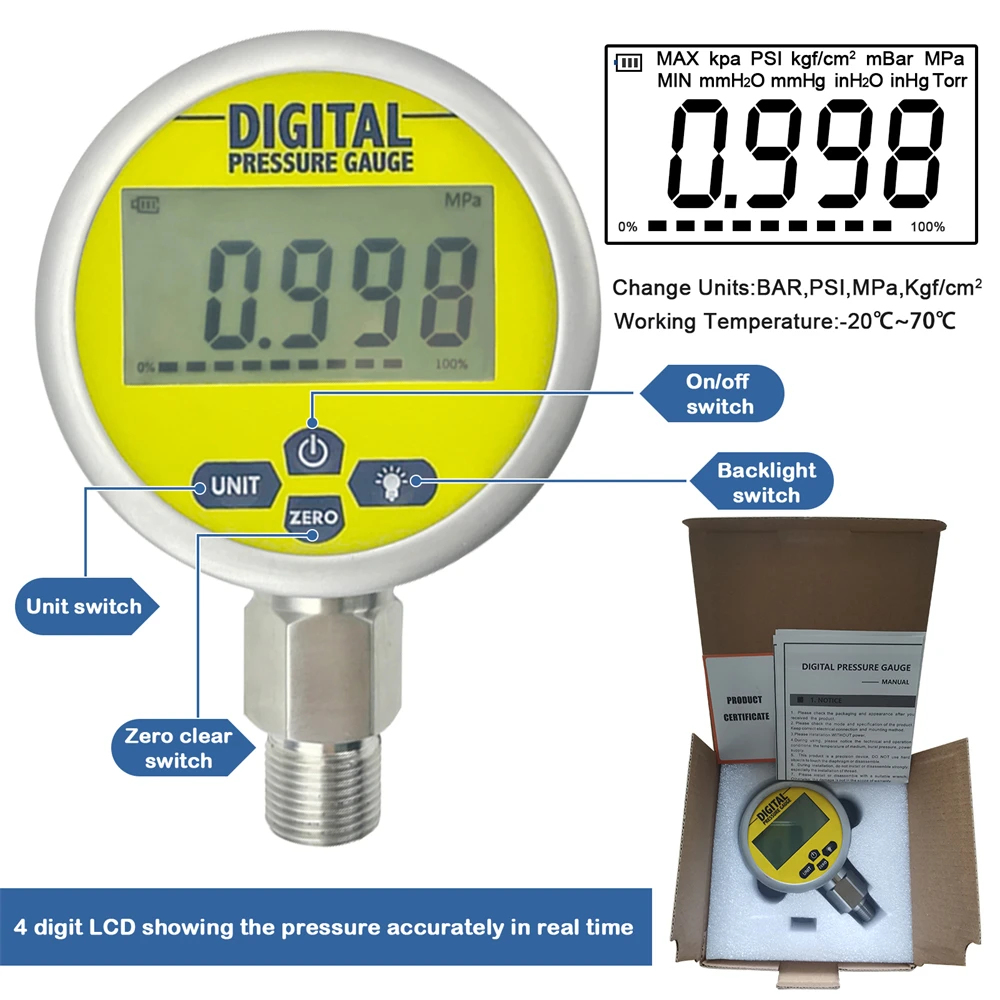 10000psi Digital Pressure Gauge 80mm Diameter High Accuracy 0.4% Fs ...