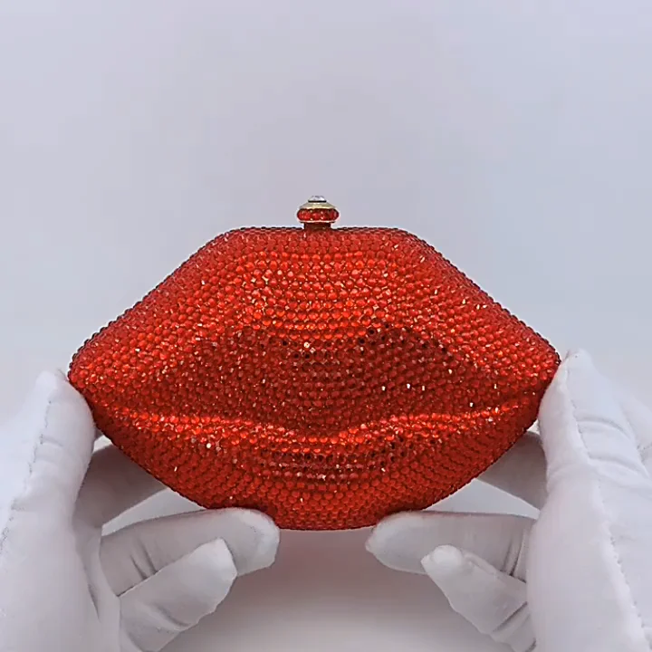 Diamond Studded Pattern Clutch Crystal Party Bag Red Lip Wedding Purse ...