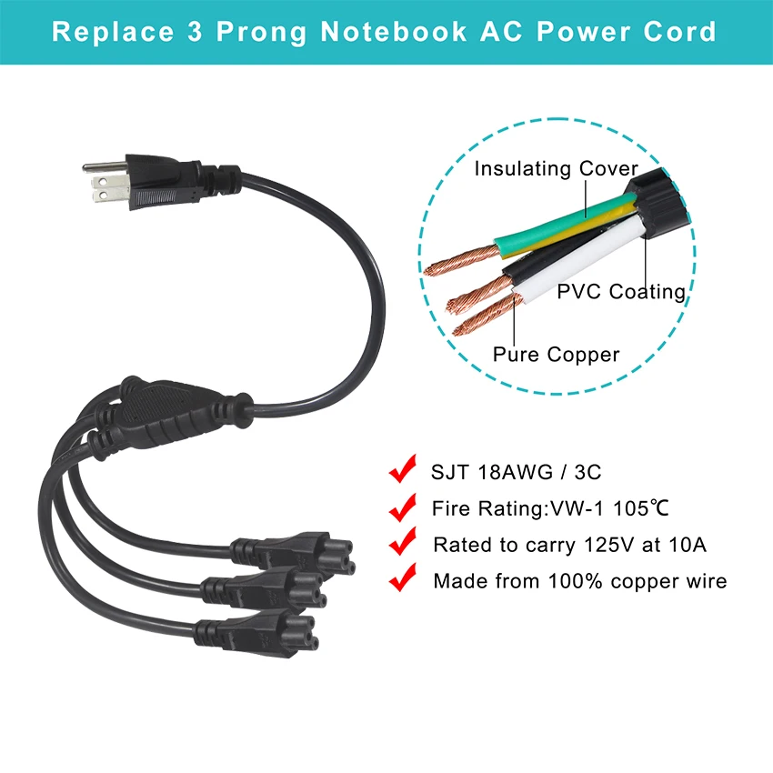 2ft 18awg Double Iec C13 Plug In Y Type Cable Connector 3 Female To 1 ...