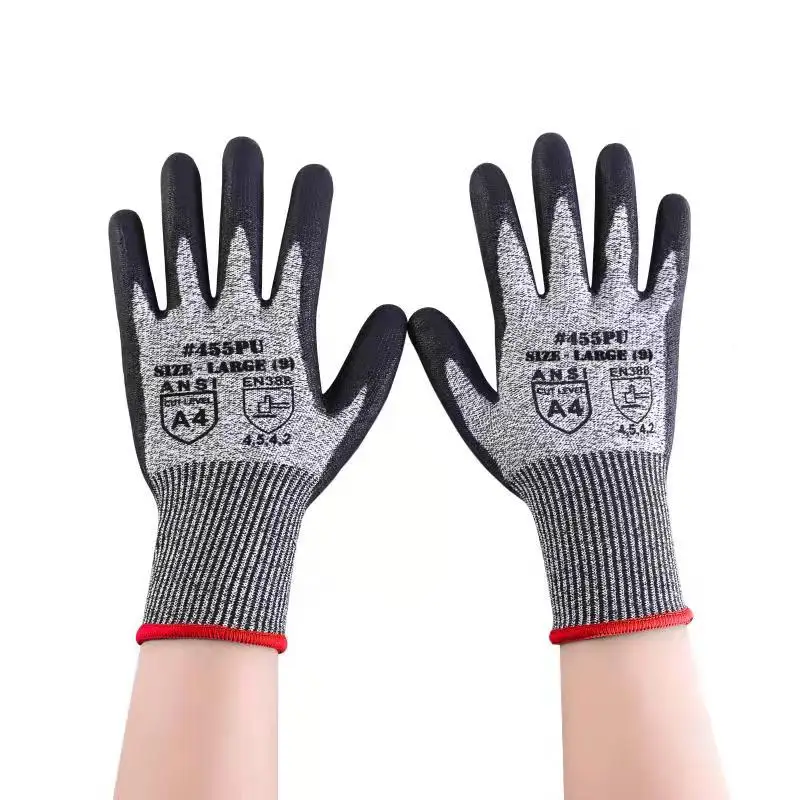 Factory Wholesale Ansi A4 En388 4542 Hppe Black Pu Coated Gloves Anti Cut Safety Gloves Cut ...
