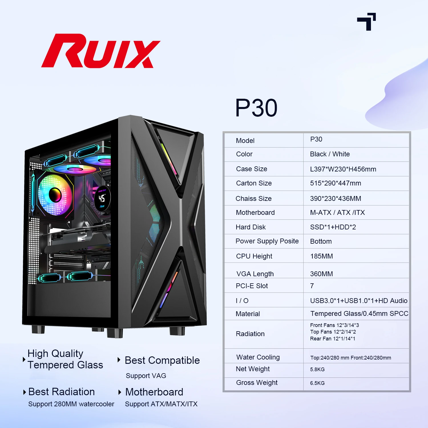 Ruix P30 ATX PC Case - High Quality Tempered Glass Side Panel