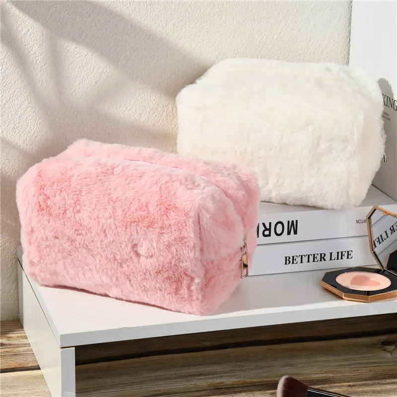 Cute Cosmetic Bag Plush Pink White Makeup Pouch Toiletry Bag Organizer ...