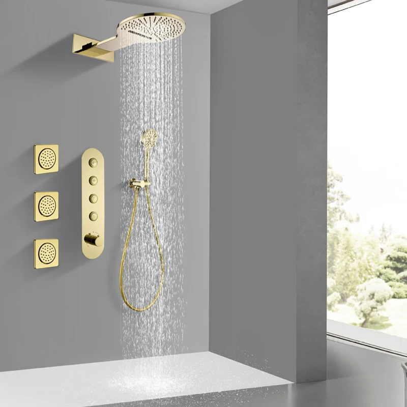 Luxury Gold Waterfall Shower Head Thermostatic Faucet Built-in Rain ...